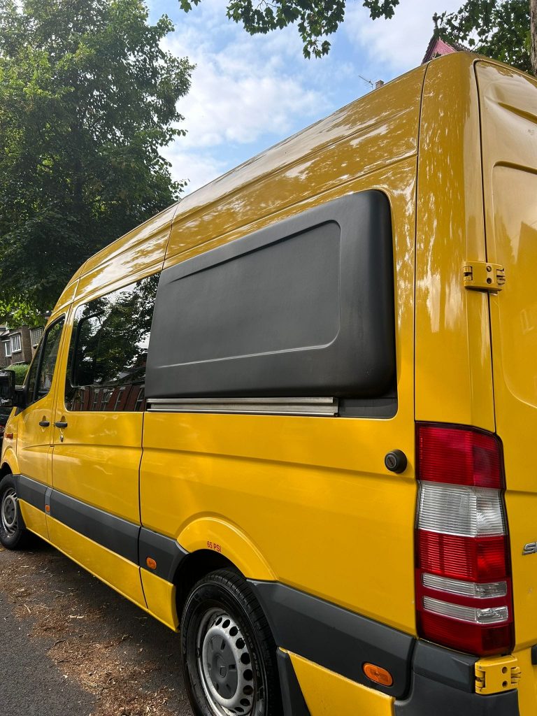 'Big Yellow' MWB Merc Sprinter with side flares | Quirky Campers